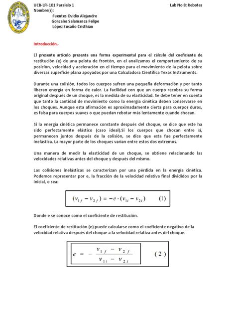 Coeficiente De Restitucion Pdf Dinámica Mecánica Mecanica Clasica