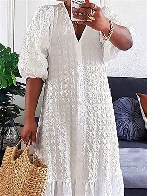 Loose Vacation V Neck Short Sleeve Plain Long Dress Stylewe