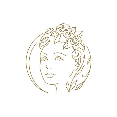 Rosto De Linda Mulher Romântica Com Flores E Folhas Círculo Logotipo De