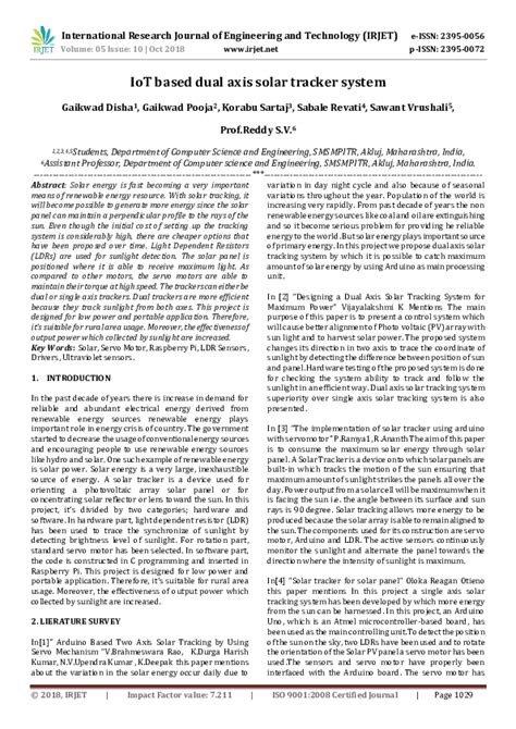 Pdf Irjet Iot Based Dual Axis Solar Tracker System Irjet Journal