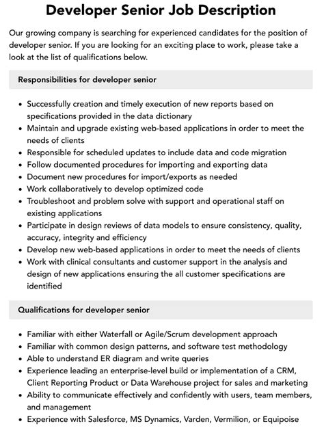 Developer Senior Job Description Velvet Jobs
