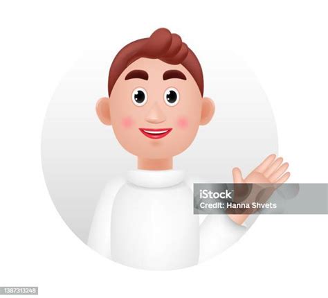 아바타 챗봇 일러스트레이션을 위한 3d 인물의 이미지 흰색 스웨트셔츠를 입은 한 남자가 친절한 태도로 손을 흔들고 있다 만화 스타일의 벡터 이미지 가공의 인물에 대한 스톡