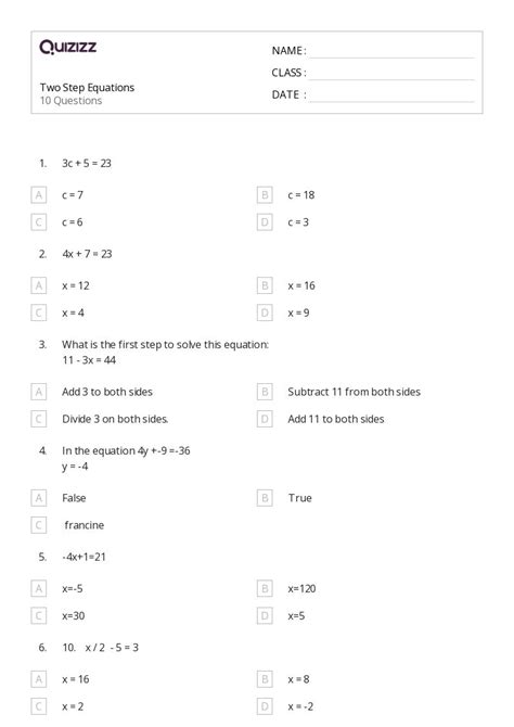 50 Two Step Equations Worksheets For 7th Year On Quizizz Free