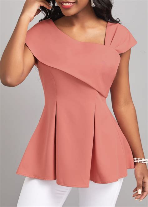 Asymmetrical Neck Short Sleeve Pink Blouse Usd 2198