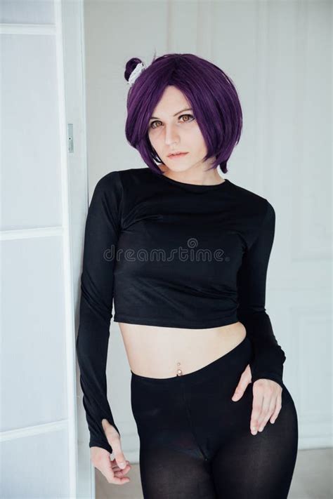 Portrait Of A Beautiful Girl Cosplayer Anime With Purple Hair Stock