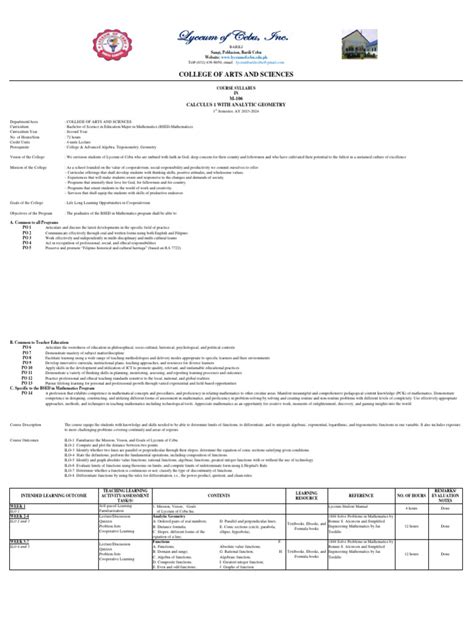 Syllabus Calculus 1 With Analytic Geometry Pdf Function Mathematics Mathematics
