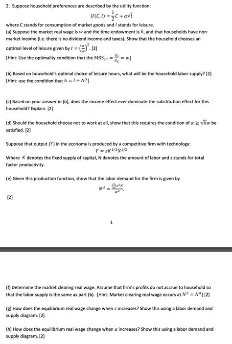 Solved C 2 Suppose Household Preferences Are Described