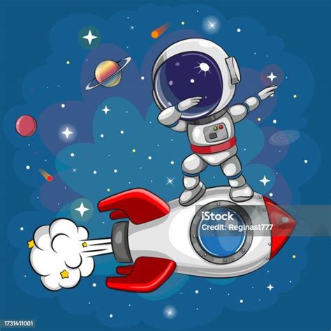 Cartoon Dancing Astronaut On The Rocket On A Space Background Stock Illustration Download