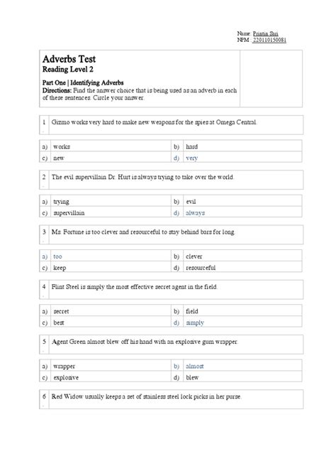 Adverbs Test Reading Level 02 Answer Pdf Adjective Adverb
