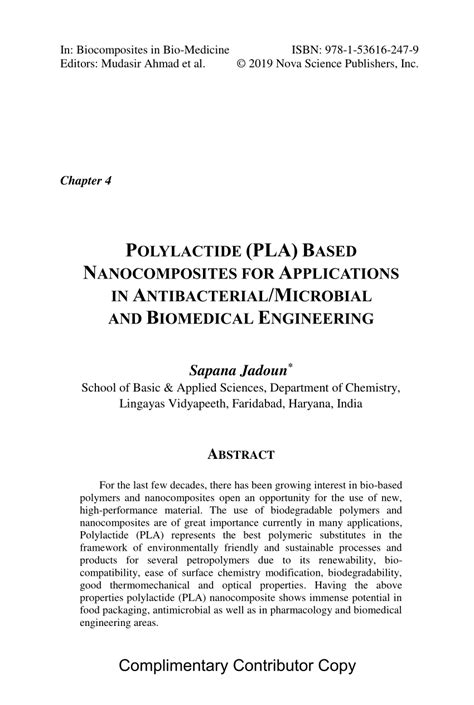 Pdf Polylactide Pla Based Nanocomposites For Applications In Antibacterialmicrobial And