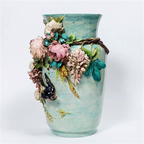 Glazed Ceramic Barbotine Vase With Flowers And Bird France Circa 1890