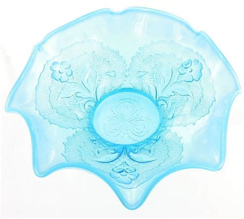 Antique Eapg Aqua Blue Opalescent Stippled Daisy Seashell Ruffled Bowl