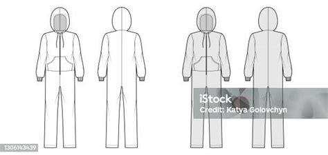 전체 길이 후드 지퍼 클로저 캥거루 파우치가 있는 Onesie 전체 점프수트 슬리웨어 테크니컬 패션 일러스트레이션 커버올에 대한