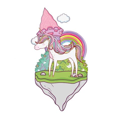Unicórnio fofo castelo e arco íris Vetor Premium