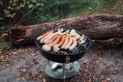여름 방학에 바베큐 불을 통해 굽는 돼지 고기와 쇠고기 Bratwurst의 행 접시에 대한 스톡 사진 및 기타 이미지 접시