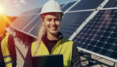 Premium Photo Happy Female Engineer Working On A Tablet With Solar Panels In A Solar Farm
