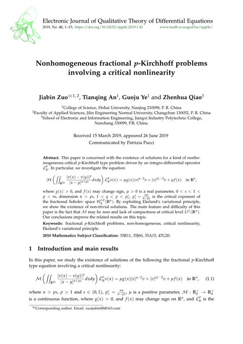 Pdf Nonhomogeneous Fractional P Kirchhoff Problems Involving A Critical Nonlinearity