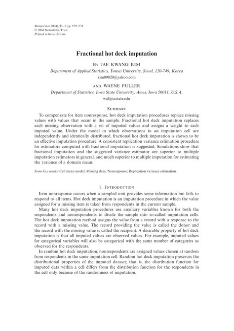 Pdf Fractional Hot Deck Imputation
