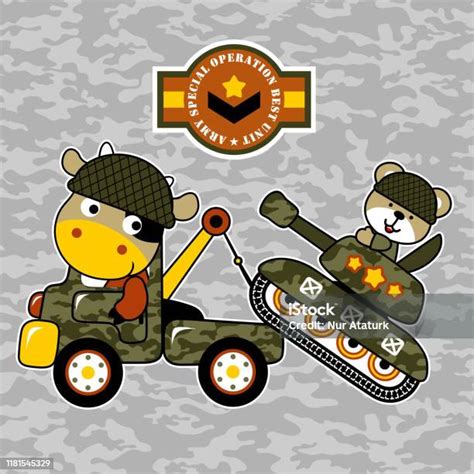 Kartun Vektor Truk Militer Menderek Kendaraan Lapis Baja Ilustrasi Stok