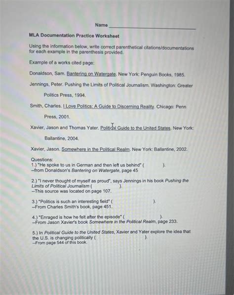 MLA Documentation Practice Worksheet Using The Chegg