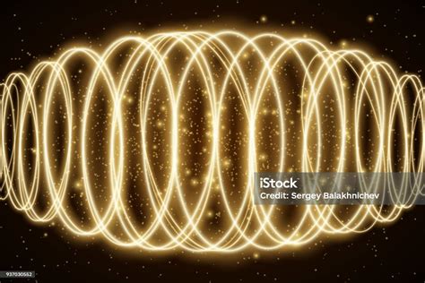 빛나는 황금 네온 파도의 추상적인 배경입니다 음악 이퀄라이저입니다 디자인에 대 한 배경 화면입니다 마법의 비행 먼지입니다 혼란 빛 원입니다 벡터 일러스트입니다 Eps 10