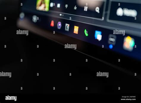 Close Up View Of Tesla Cybertruck Touchscreen Interface Icons Stock