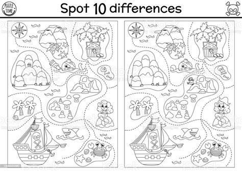 흑인과 백인은 아이들을위한 차이점 게임을 찾습니다 바다 모험은 귀여운 해적선 보물 섬지도로 교육 활동을 줄입니다 인쇄 가능한 워크 시트 또는 보물 상자가있는 색칠 공부