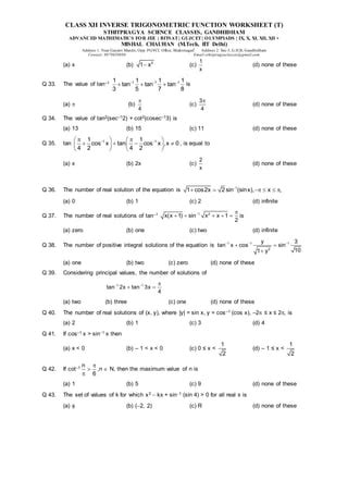 Class Xii Inverse Trigonometric Function Worksheet T PDF