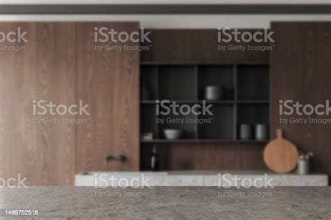 주방용품이 있는 주방 인테리어를 배경으로 한 회색 돌 조리대 모형 0명에 대한 스톡 사진 및 기타 이미지 0명 3차원 형태