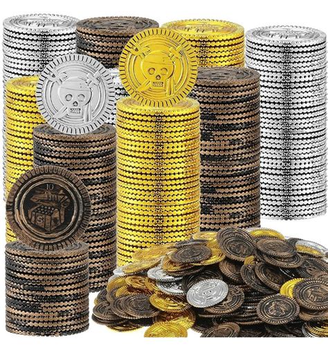 800피스 플라스틱 해적 동전 벌크 보물 동전 놀이 장난감 동전 가짜 성 패트릭 동전 해적 파티 선물 용품 티몬