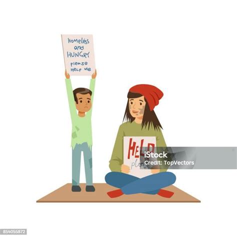 집 없는 여자와 거리 도움을 요청 실업 남자 필요 도움말 벡터 일러스트 레이 션에 구걸 하는 소년 개념에 대한 스톡 벡터 아트