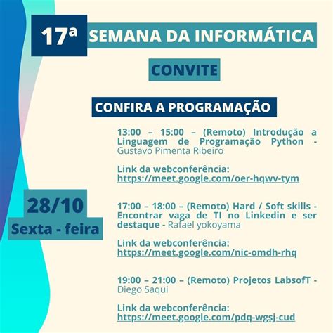 Ti 17ª Semana Da Informática Confira A Programação Do Dia 2810 Ti