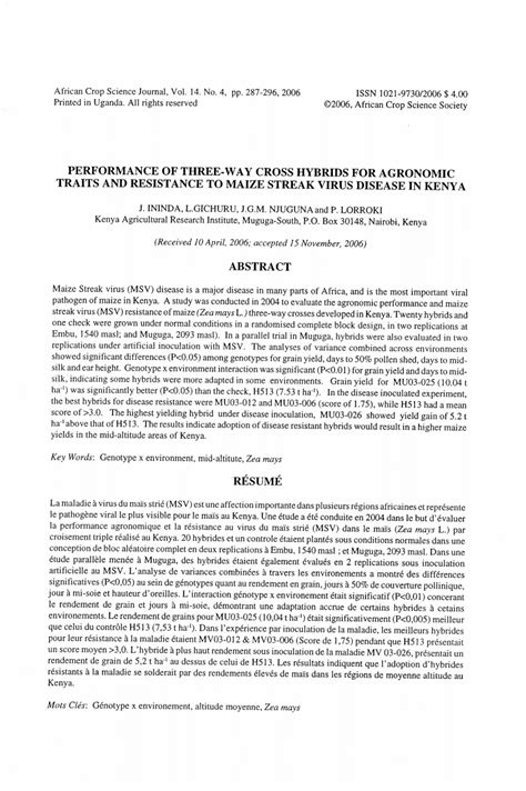 Pdf Performance Of Three Way Cross Hybrids For Agronomic Traits And Resistance To Maize Streak
