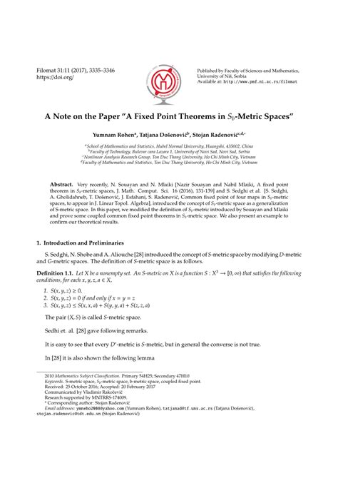 Pdf A Note On The Paper A Fixed Point Theorems In S B Metric Spaces