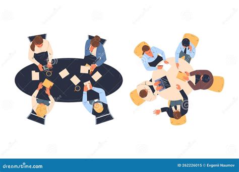 Teamwork With Man And Woman Office Worker Brainstorming At Round Table Discussing Project Above