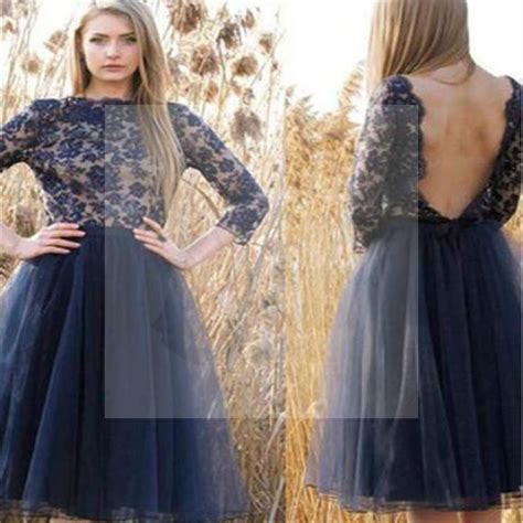 Navy Blue Lace Homecoming Dress Sexy Backless Long Sleeve Tulle Homec