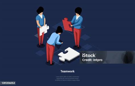 쓰기와 3d Isometric 스타일로 팀워크 개념 일러스트레이션 같은 작업을 수행하는 사람들의 그룹의 벡터 만화 구성 퍼즐의