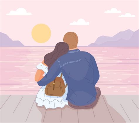 Casal Abraçando Ao Pôr Do Sol Encontro Romântico Pelo Oceano Família