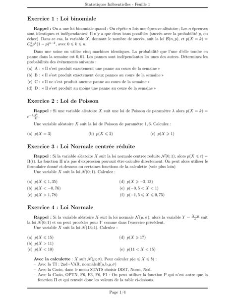 Exercice 1 Loi Binomiale Exercice 2 Loi De Poisson Exercice 3