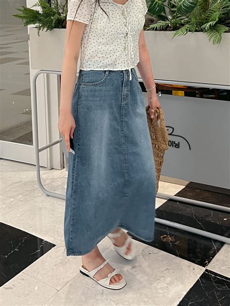 유나브 후들원단 썸머 롱 트임 중청 데님 스커트