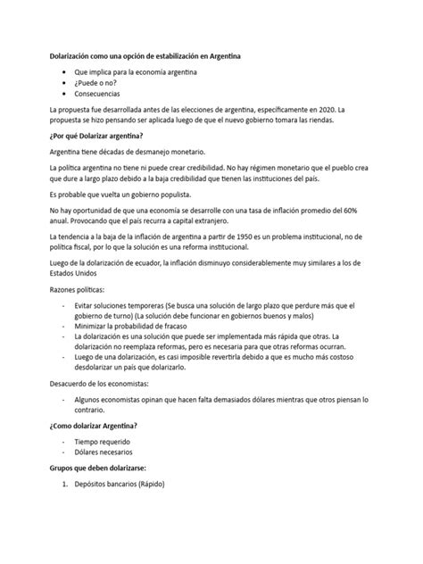 Dolarización Como Una Opción De Estabilización En Argentina Pdf