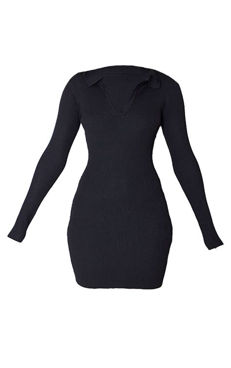Black Long Sleeve Rib Knitted Bodycon Mini Dress Prettylittlething Ca