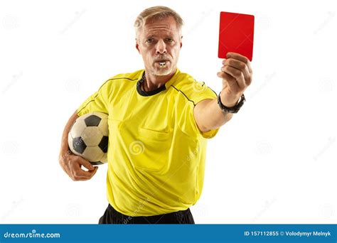 Football Referee Showing A Red Card To A Displeased Player Isolated On White Background Stock