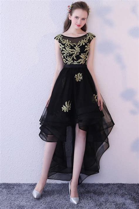 Gold Lace Black Front Short Long Back Prom Dresses Evening Party Gown