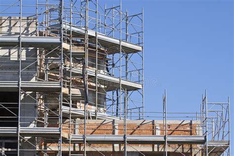 Metal Scaffolding On A Construction Site Built With Prefabricated