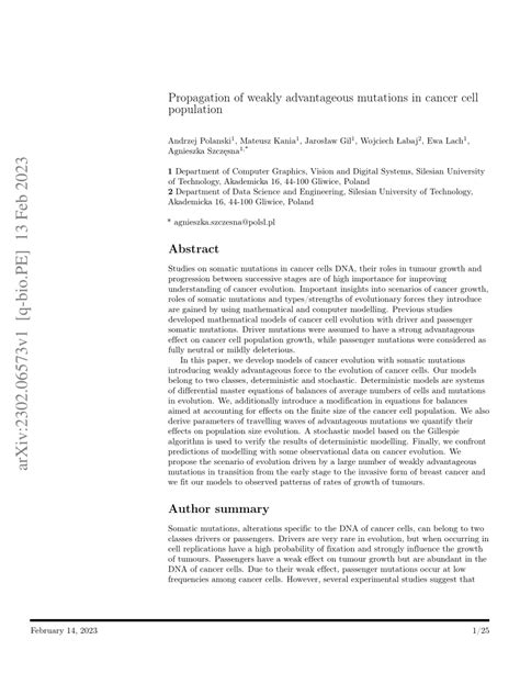 Pdf Propagation Of Weakly Advantageous Mutations In Cancer Cell
