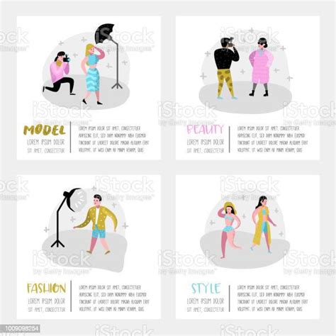 사진 작가와 모델 포스터 사진 스튜디오 문자 집합입니다 사진 장비와 포즈 여성 모델입니다 벡터 일러스트 레이 션 남성에 대한