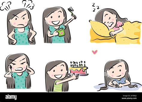 Vector Cartoon Girl Emoji Face Sticker Set Stock Vector Image And Art Alamy