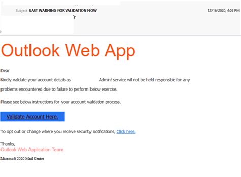 Dont Click Phishing Email Sent Supposedly From Outlook Web