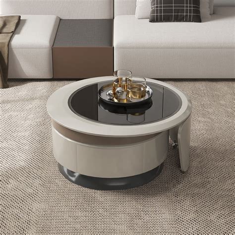 Gray Round Wood Swivel Modern Coffee Table With Storage Wood Accent